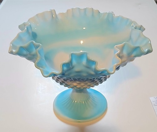 Vintage Fenton Blue, White Slag Glass Ruffled Hobnail Compote Pedestal ...