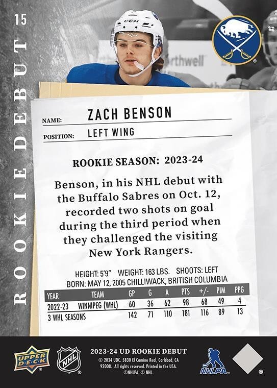 Zach Benson 2023-24 Upper Deck Rookie Debut Base RC Card #15 | eBay