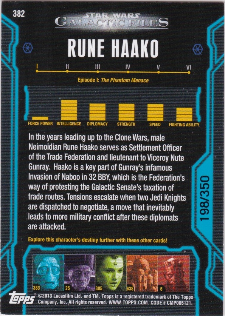 STAR WARS GALACTIC FILES SERIES 2 BLUE PARALLEL #382 RUNE HAAKO 198/350 ...