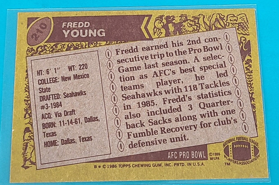 1986 Topps #210 Fredd Young Seattle Seahawks Football Card Y4 | eBay
