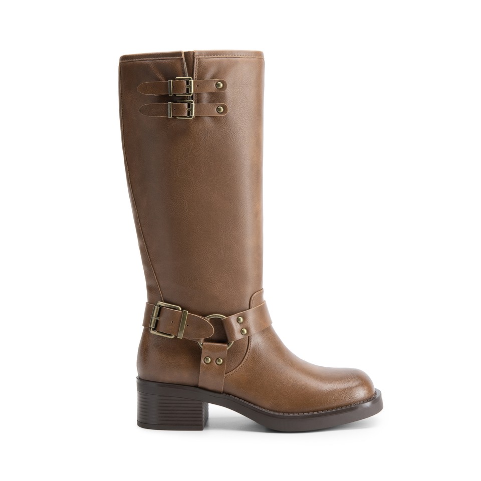 Women Motorcycle Biker Boots Square Toe Low Chunky Heel Knee High Boots ...