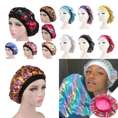 US Women Satin Night Sleep Cap Hair Bonnet Hat Silk Head Cover Wide ...