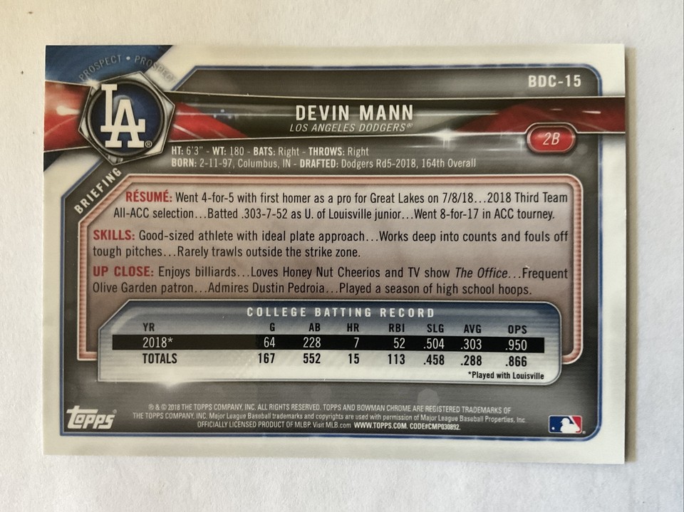 2018 Bowman Chrome Draft DEVIN MANN 1st Bowman Card Kansas City ROYALS ...