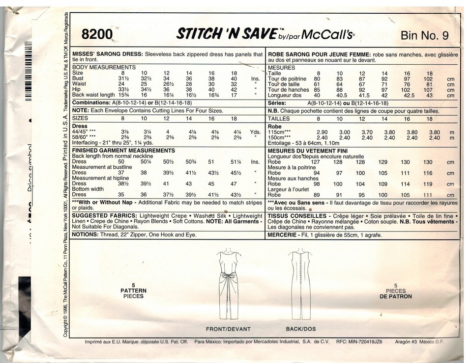 8200 UNCUT Vintage McCalls Sewing Pattern Misses Sleeveless Sarong ...