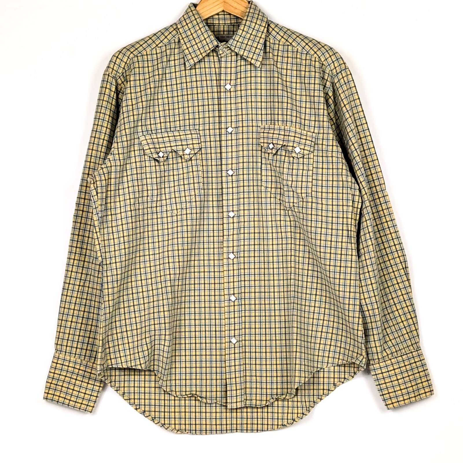 VTG Tru West Rockmount Ranch Wear Yellow Blue Plaid Diamond Snaps 6453 ...