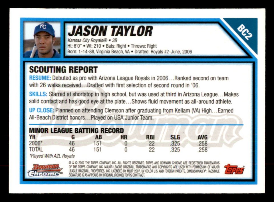 2007 Bowman Chrome Prospects #BC2 Jason Taylor Kansas City Royals | eBay