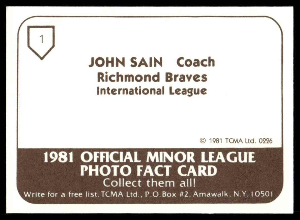 1981 TCMA Richmond Braves John Sain Richmond Braves #1 | eBay