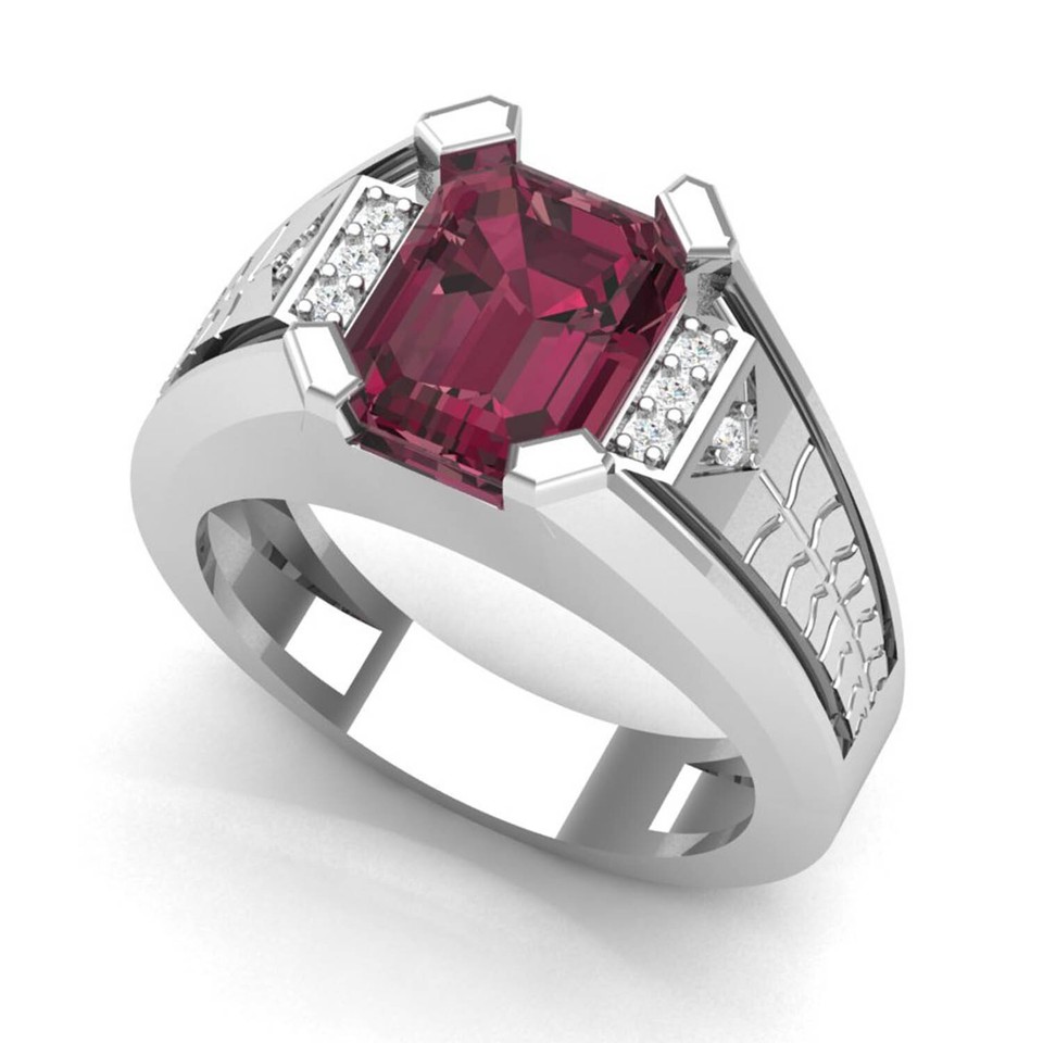 Men's Ring 2Ct Emerged Cut Dark Pink Lab Created gems stone & RD ...