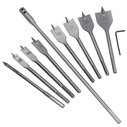 10pc Flat Wood Spade Drill Hex Shank With Extension Bar 6-32mm TE687 ...