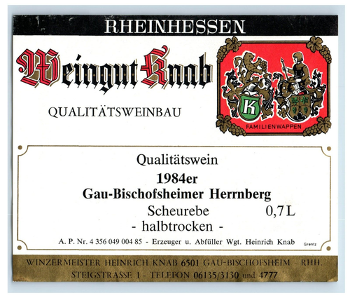 Vintage Weingut Knab Rheinhessen German Wine Label Label Original S42E ...