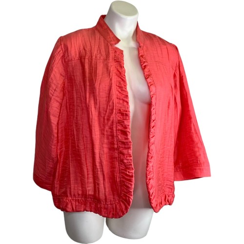 Chico’s Linen Jacket Blazer 2 L Large Coral Ruffle Trim 3/4 Sleeves ...