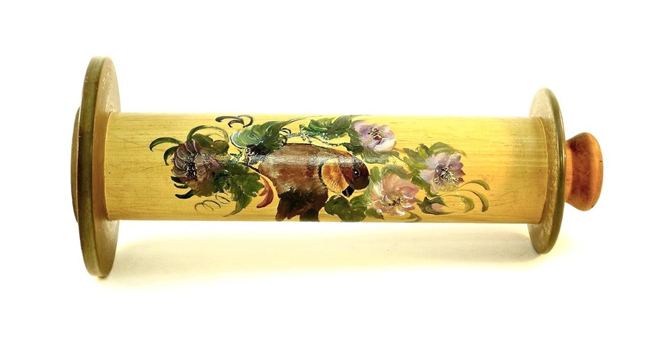 Vintage Wood Spool,Bird in Flowers Painting,Wood Base,Metal Spool ...