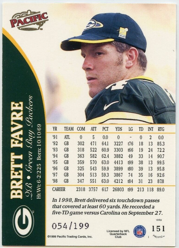 1999 Pacific Gold parallel Brett Favre #054/199 *GREEN BAY PACKERS* | eBay