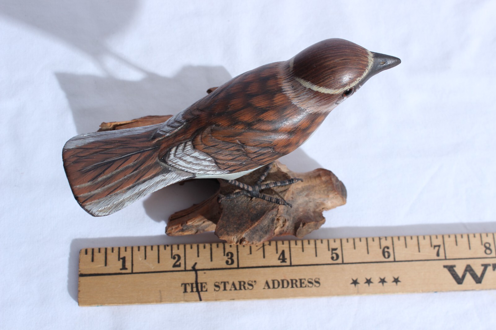 Wood Carved Hand Painted Sparrow Bird Figurine Perched On Wood Base 4 ...
