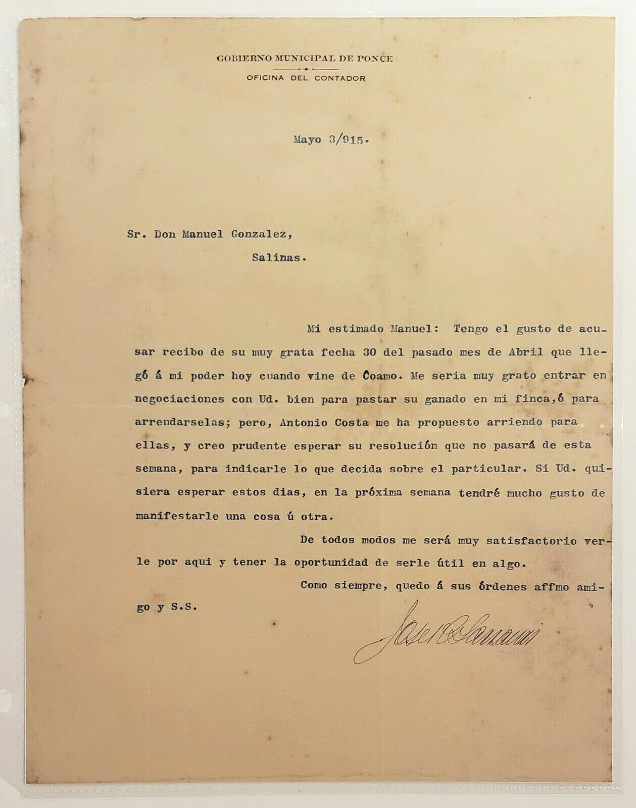 ANTIQUE LETTER / GOBIERNO MUNICIPAL DE PONCE / PUERTO RICO / 1915 | eBay