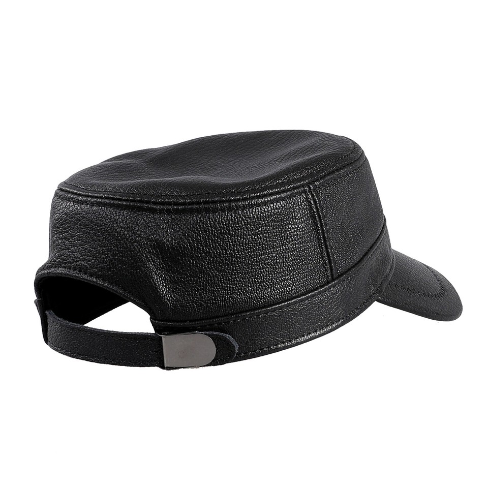 Men's Flat Top Cap Real Sheepskin Leather Military Style Caps Cadet ...