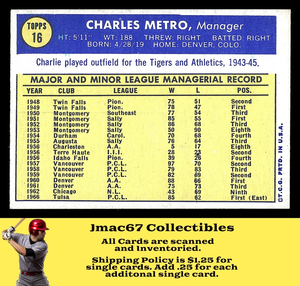 1970 Topps #16 Charlie Metro NM to MT MGR, RC | eBay