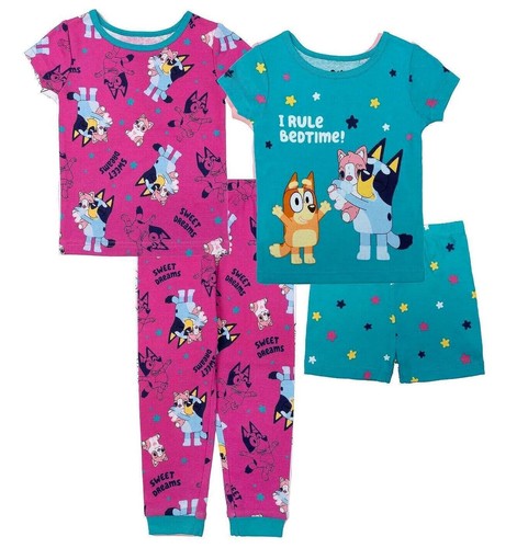 4 PC Bluey Pajamas Set Toddler Girl Shirt Shorts 2T 3T 4T 5T Cotton ...