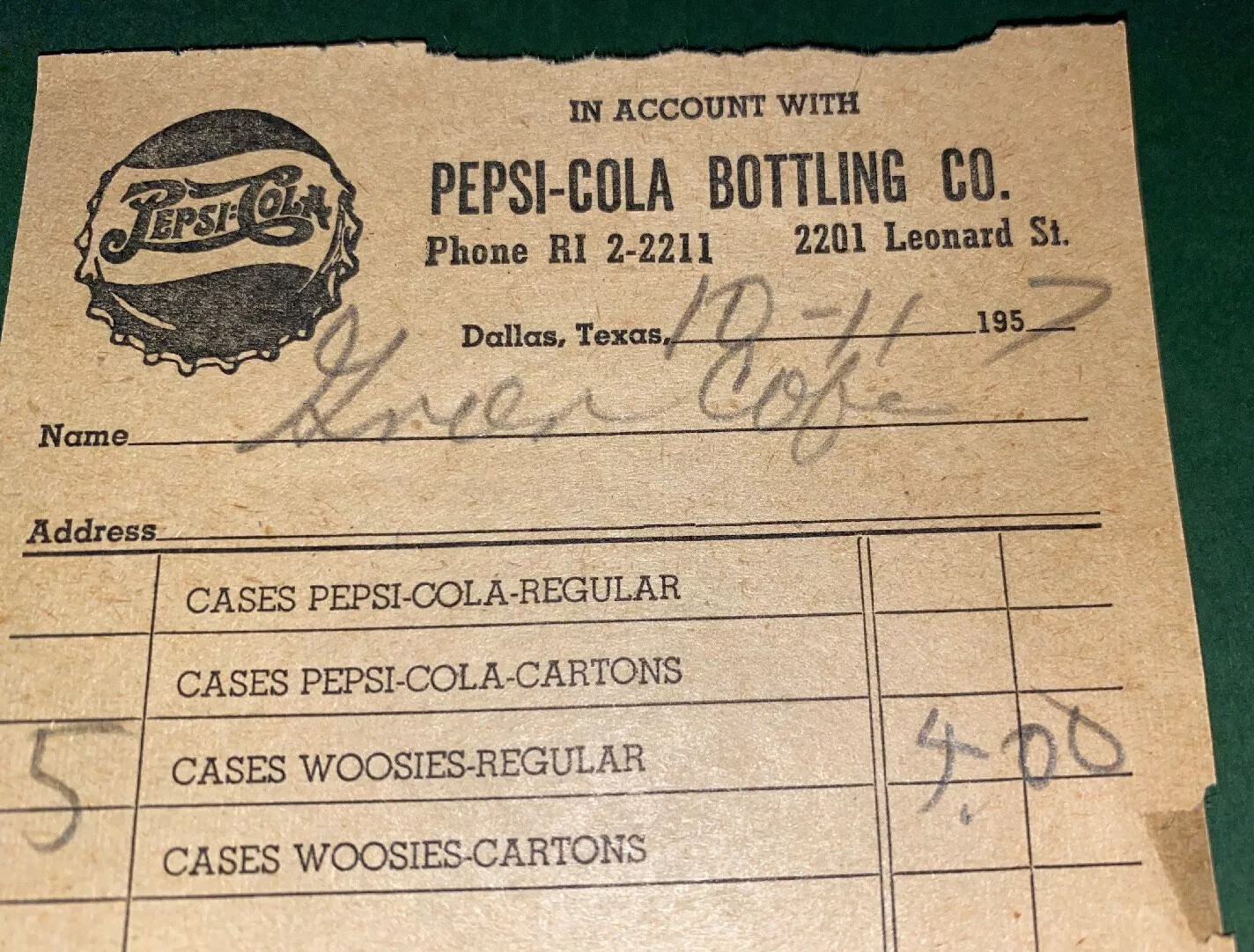 Vintage 1957 Pepsi Cola Bottling Company Invoice Dallas Texas | eBay
