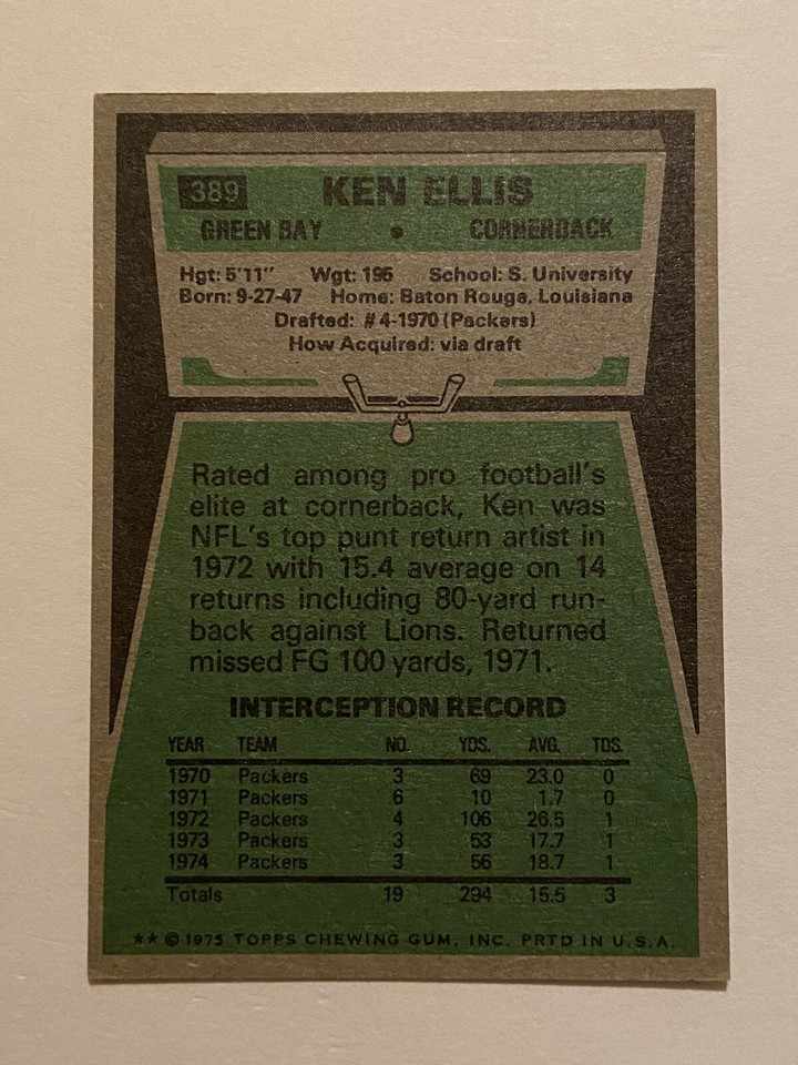 KEN ELLIS Hand Signed 1975 Topps #389 Green Bay Packers Southern ...