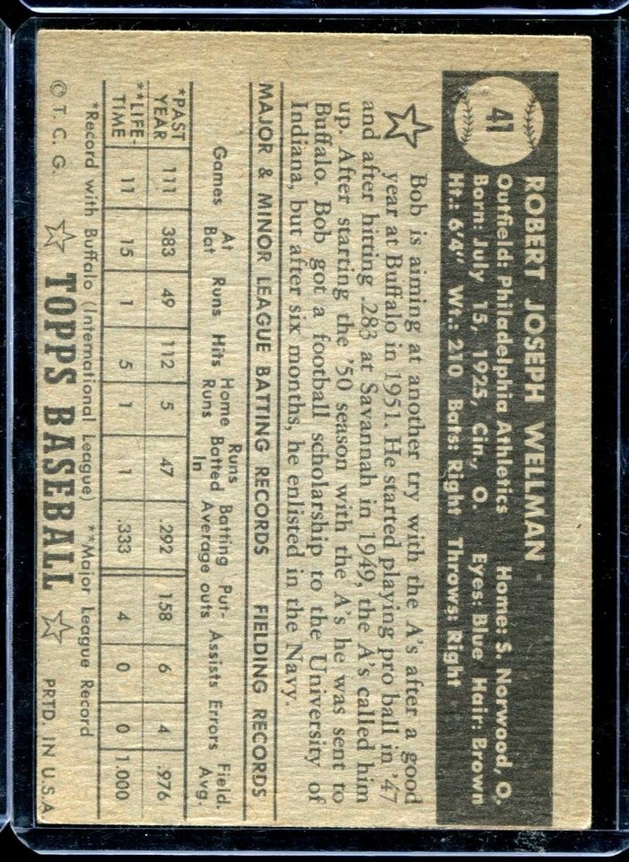 1952 Topps #41 Bob Wellman Black Back VG-EX LOOK! | eBay