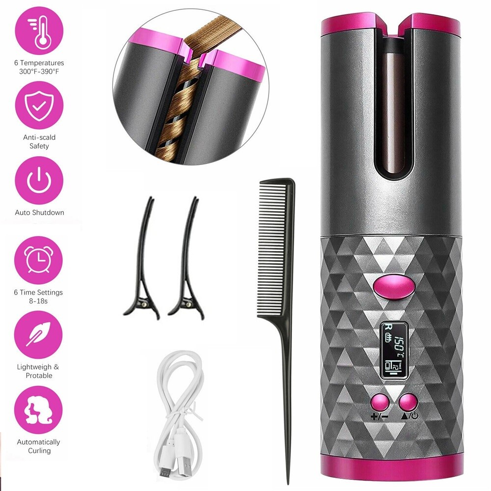 Hair Curler LCD Cordless Auto Rotating Waver Curling Iron Ceramic ...