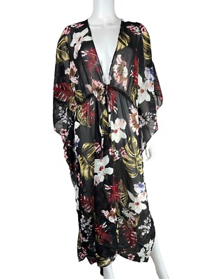 Walter Baker Tulum Caftan Kaftan Duster Black Floral Tropical One Size ...