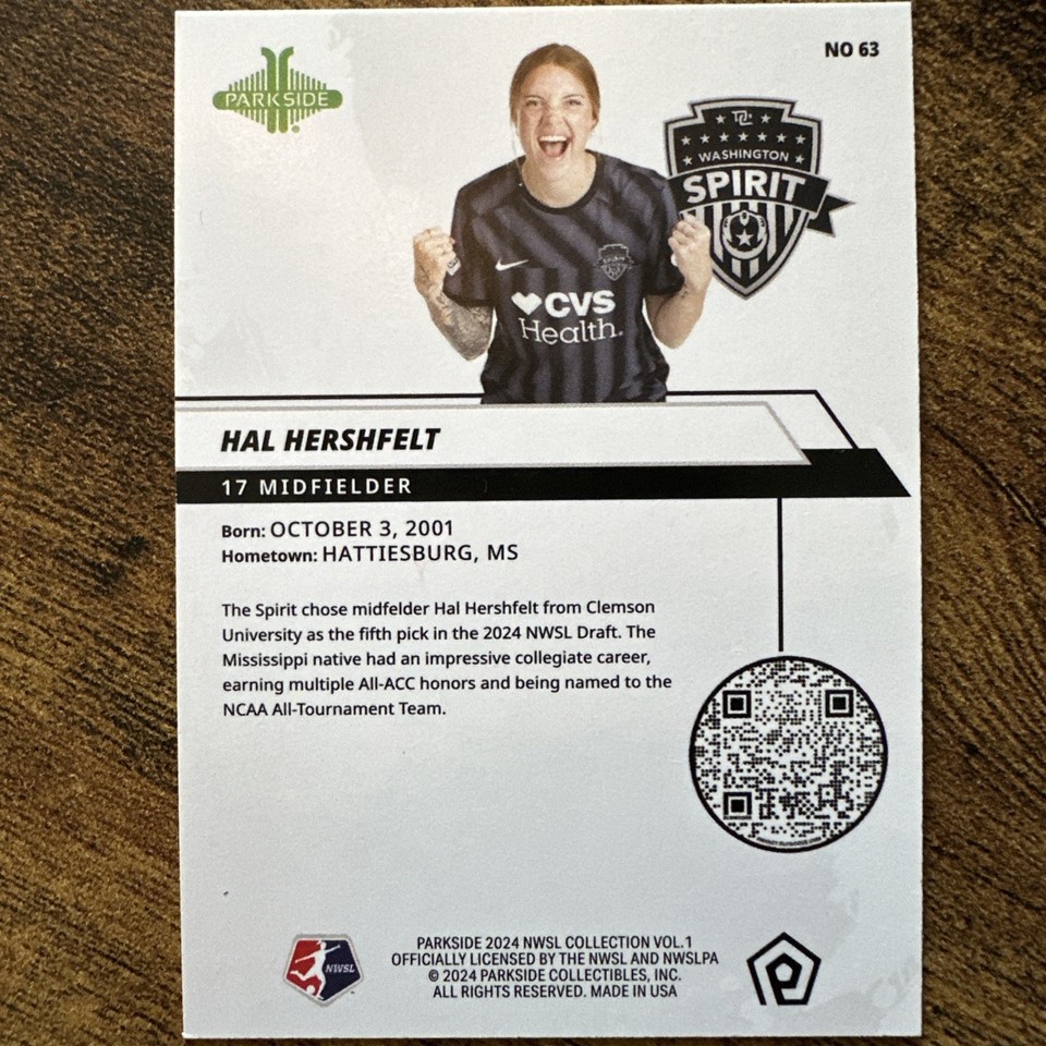 Hal Hershfelt 2024 Parkside NWSL Vol. 1 Rookie RC #63 Washington Spirit ...