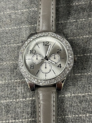 Grey Dial Rhinestone Accutime Leather Band Quartz Ladies Watch | eBay