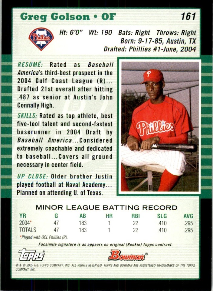 2005 BOWMAN GREG GOLSON PHILADELPHIA PHILLIES #161 | eBay