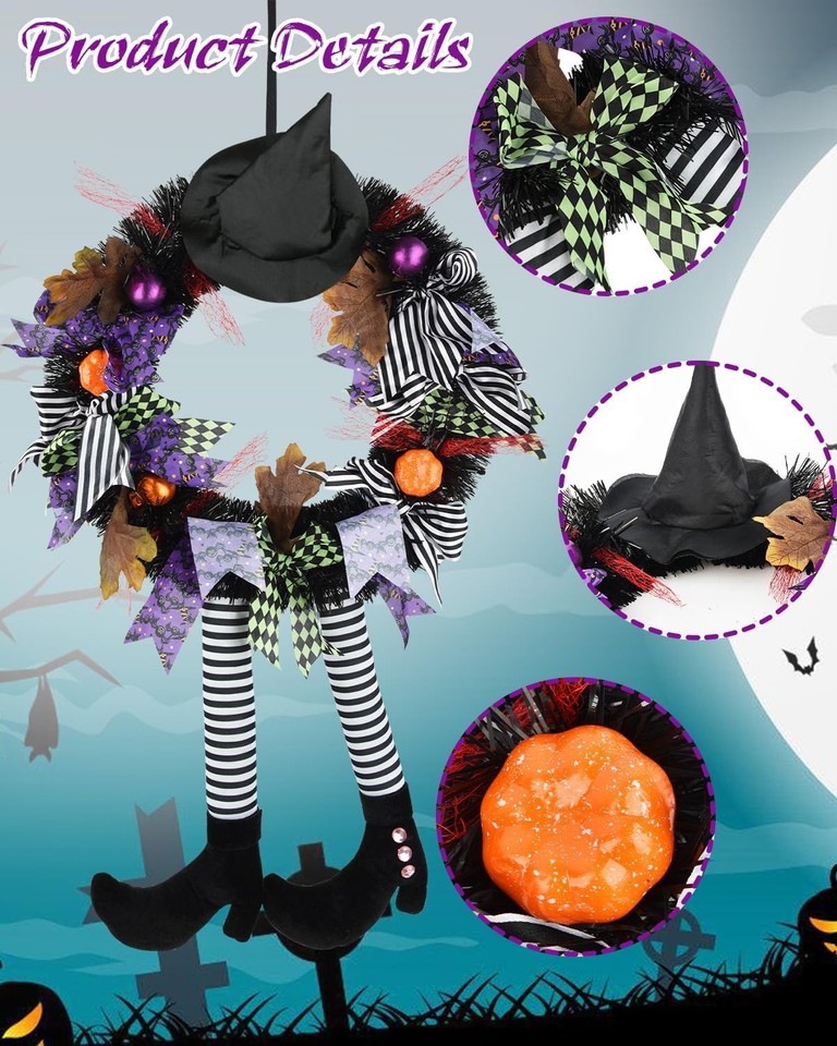 Halloween Wreath for Front Door, 24 Inch Halloween Garland with Witch ...