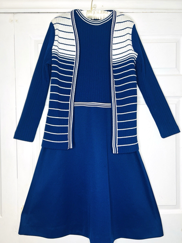 Vtg 70s Alison Ayres Dress & Cardigan Ribbed Bodice Blue & White Sz 14 ...