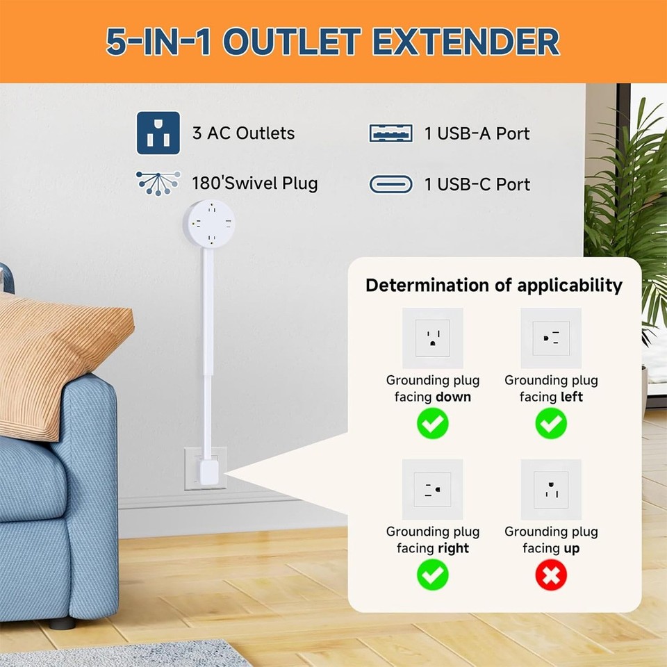 180° Rotating Plug Outlet Extender Stick 26 in Electrical Multi Plug ...