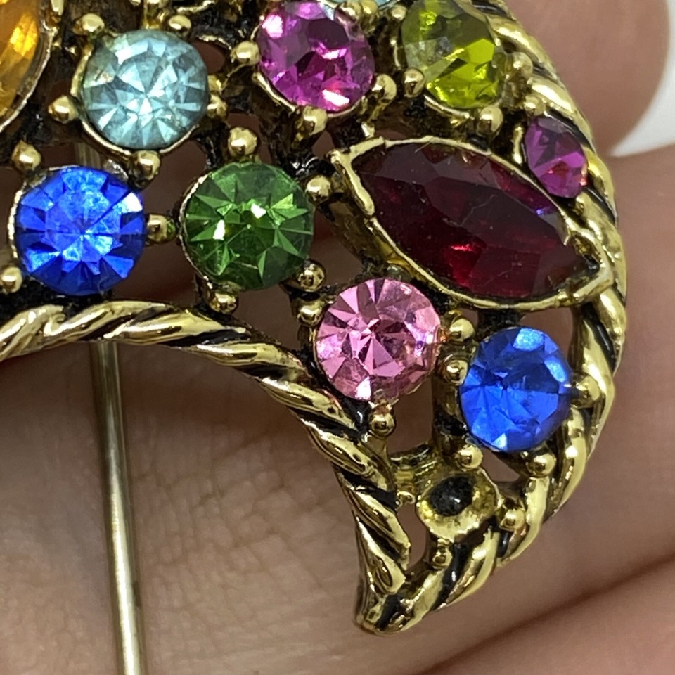 Vintage Weiss Pin Brooch Multi Color Rainbow Rhinestone Crescent ...