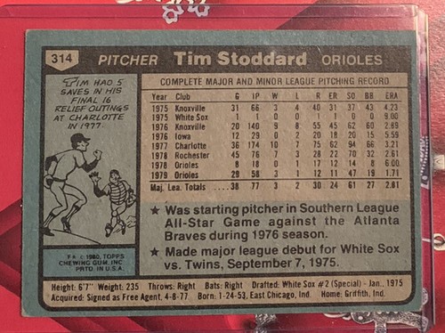 1980 Topps Tim Stoddard Rookie Baltimore Orioles #314 | eBay