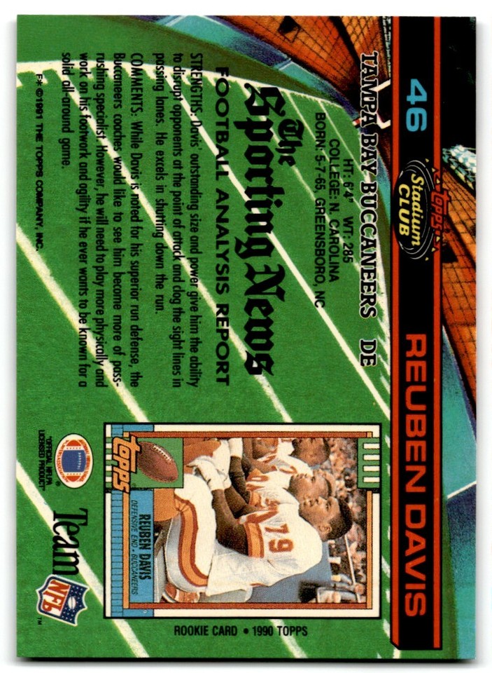 1991 Stadium Club Reuben Davis Tampa Bay Buccaneers #46 | eBay