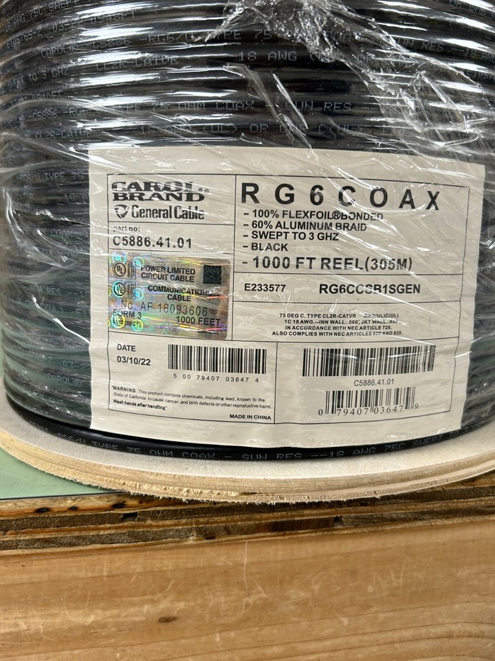 New - Unopened - RG6 coax - 1000 ft spool -Riser Rated | eBay