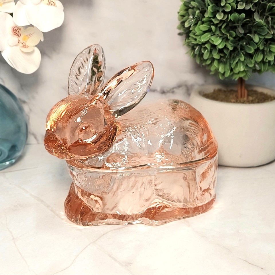 Pink Amber Depression Style Glass Bunny Rabbit Candy Dish, Vintage ...
