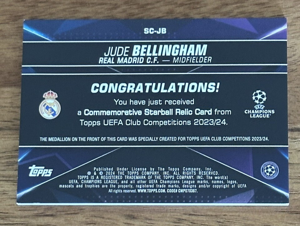 2023-24 Topps UEFA Club Competitions Jude Bellingham Starball Relic ...