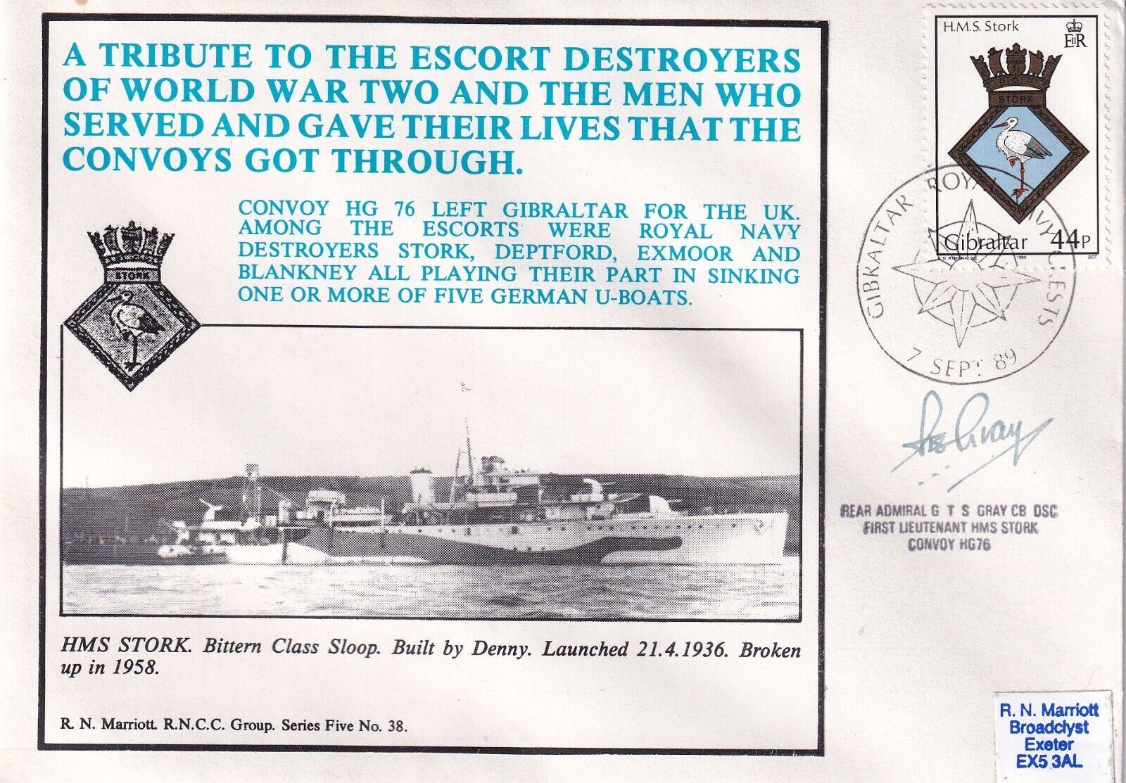 Escort Destroyers WW2 cover Signed Rear Admiral G Gray First Lt HMS Stork Navy | eBay