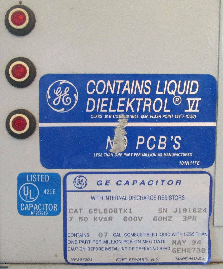 GE 65L808TK1 7.5 kVAR 600V Dielektrol VI 60Hz 3PH Capacitor Discharge ...