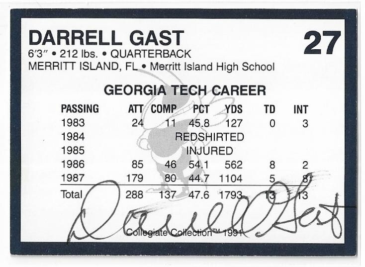 1991 Collegiate Collection - Georgia Tech #27 Darrell Gast (RC) for ...