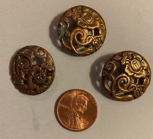 Antique Brass Button Set 3 Pierced Openwork Nouveau Floral 23mm loop ...