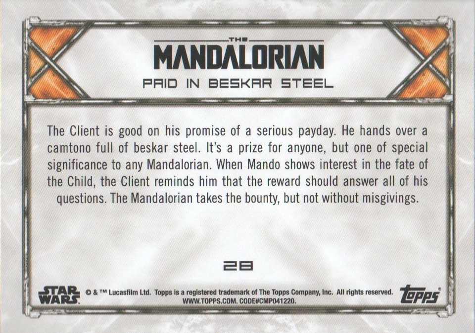 2020 Star Wars Mandalorian Season 1 Trading Card #28 Paid in Beskar ...