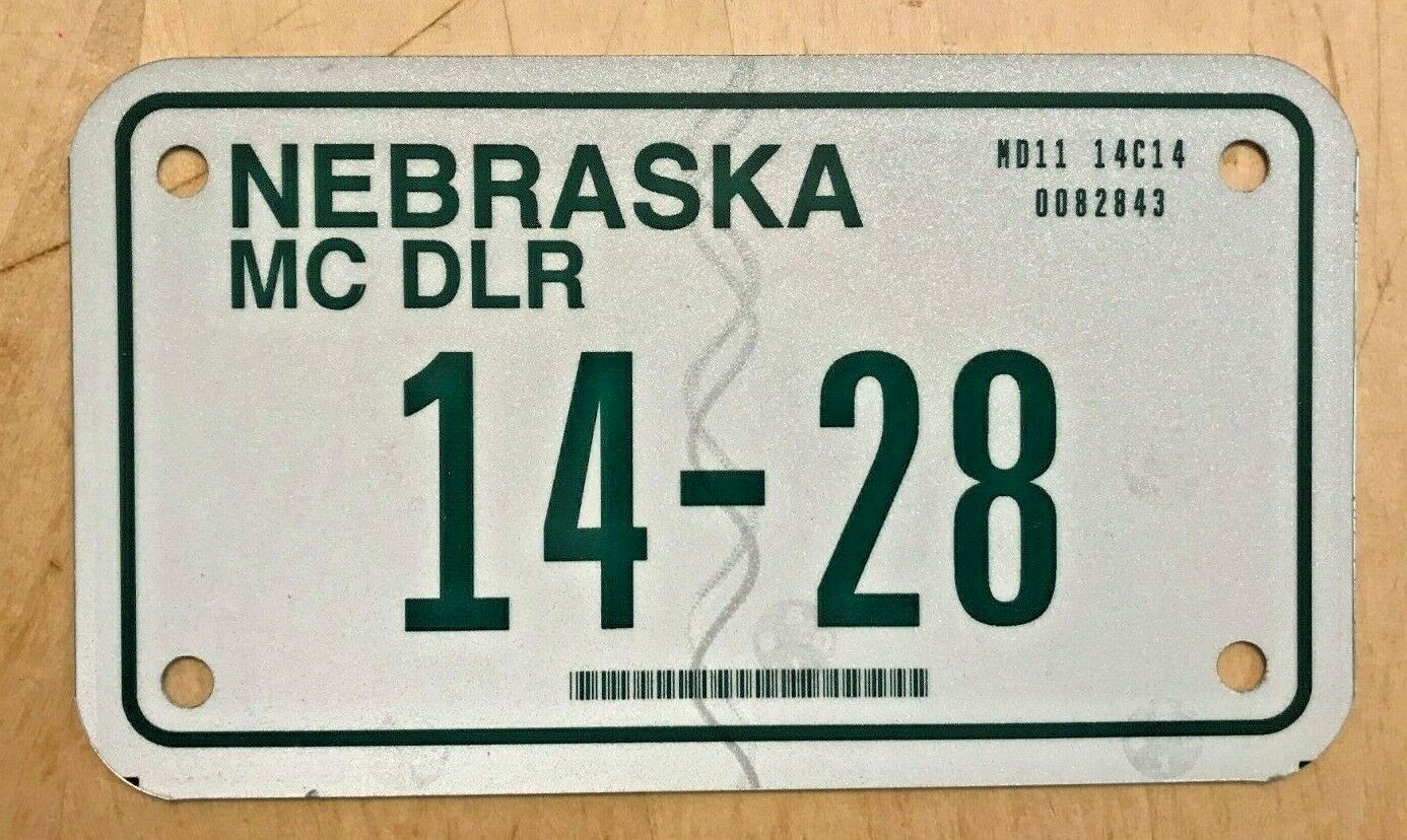 NEBRASKA MOTORCYCLE CYCLE DEALER DLR LICENSE PLATE " 14 28 " NE | eBay