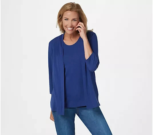 Denim & Co. Essentials Open Front Cardigan & Tank Set-Brt Navy-Medium ...