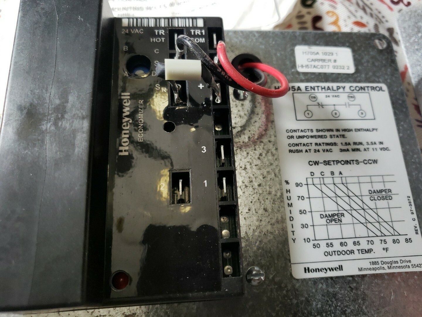 HONEYWELL ENTHALPY CONTROL H705A1029-1 3.5 AMP 24 VAC FOR CARRIER ...