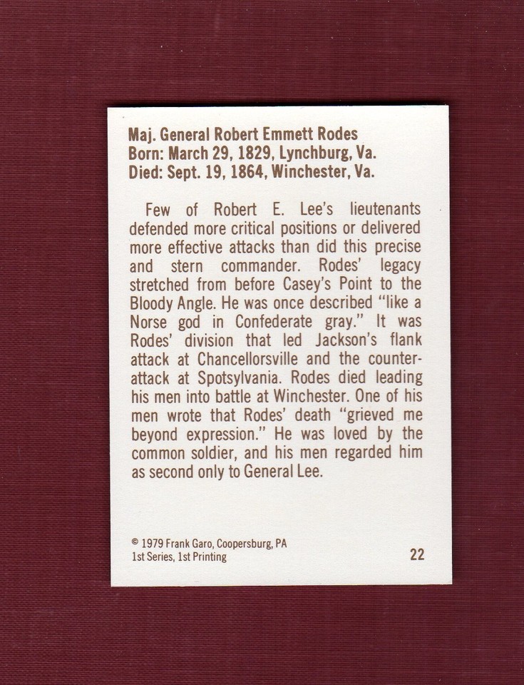 #22 MAJ. GEN. Robert Emmett Rodes, CSA ~ 1979 Famous Civil War Generals ...