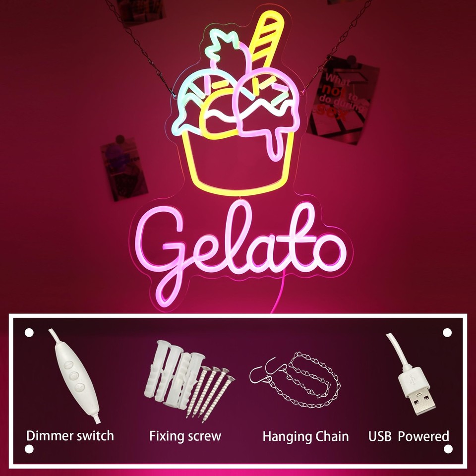 Ice Cream Neon Sign Gelato Neon Sign Dimmable Wall Decor for Store Game ...