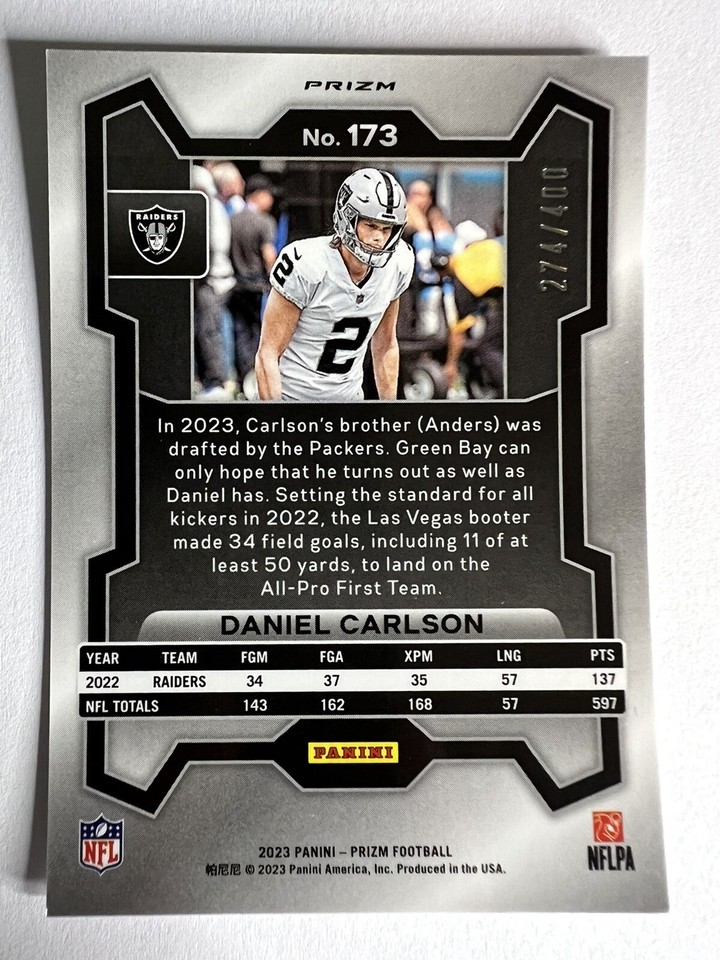 2023 Panini Prizm DANIEL CARLSON Raiders #173 Premium Pandora 274/400 ...